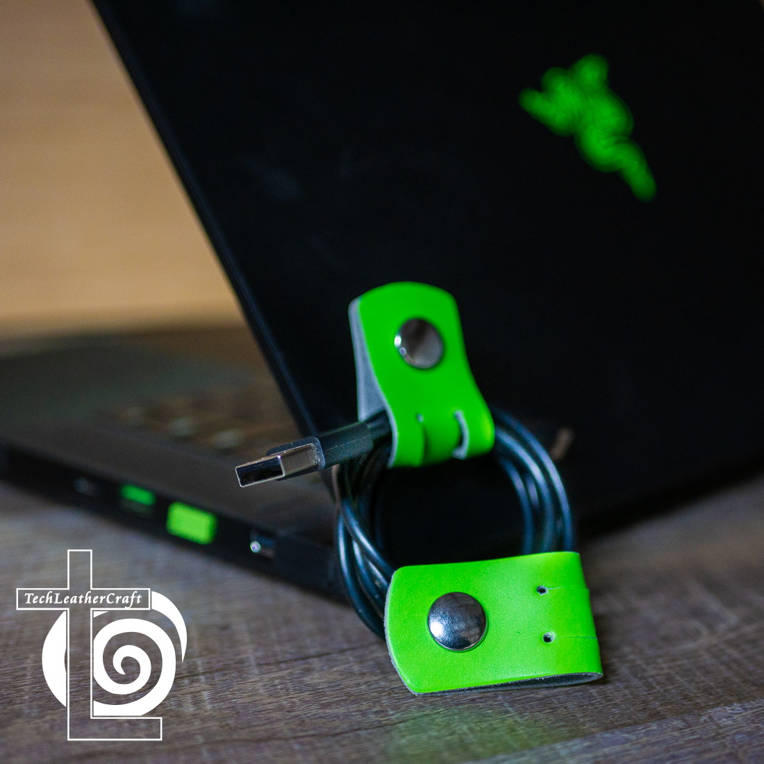 Neon Green Razer Gaming Cord Holder | TechLeatherCraft